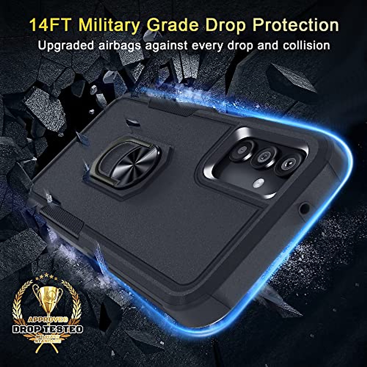 WRJ for Samsung Galaxy A14 4G LTE/5G Case with Screen Protector,[Military Grade][Shockproof Protection][Built-in Ring Kickstand] Heavy Duty PC+TPU Dual Layer Case Cover - Black
