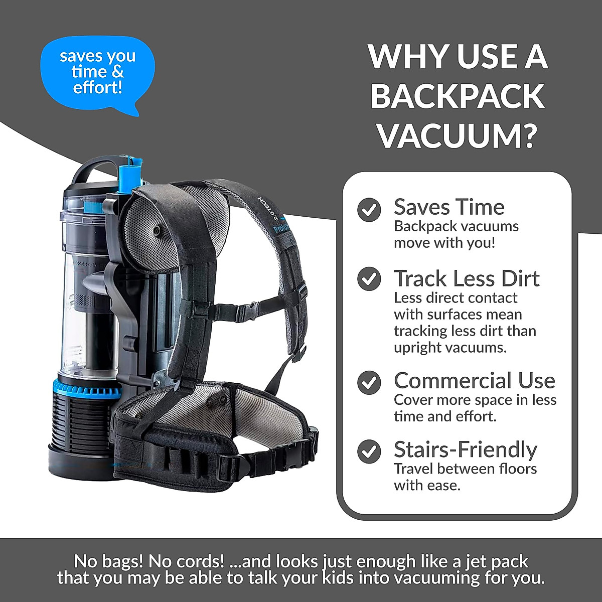 Prolux 2.0 Cordless Battery Bagless Backpack Vacuum Cleaner w/Dual HEPA Shield Filtration and Tool Accessory Kit