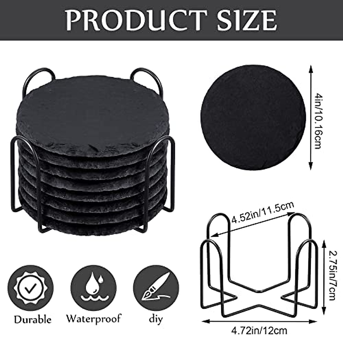 24 Pieces Black Slate Coasters with Holder Round Stone Coasters for Drinks 4 Inch Rustic Handmade Bar Coasters Set with Anti Scratch Bottom for Coffee Table Kitchen Home