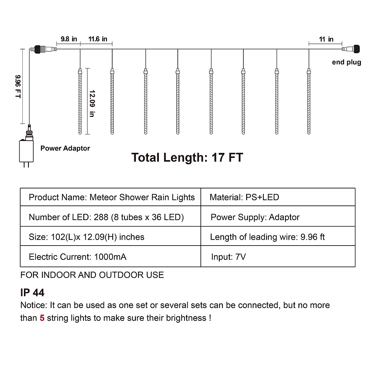 Joiedomi 2-Pack Christmas Meteor Shower Lights - Falling Rain Drop Icicle String Lights 2 x 8 Tubes 30cm 288 LEDs White, for Halloween Christmas Holiday Party Home Patio Outdoor Decoration