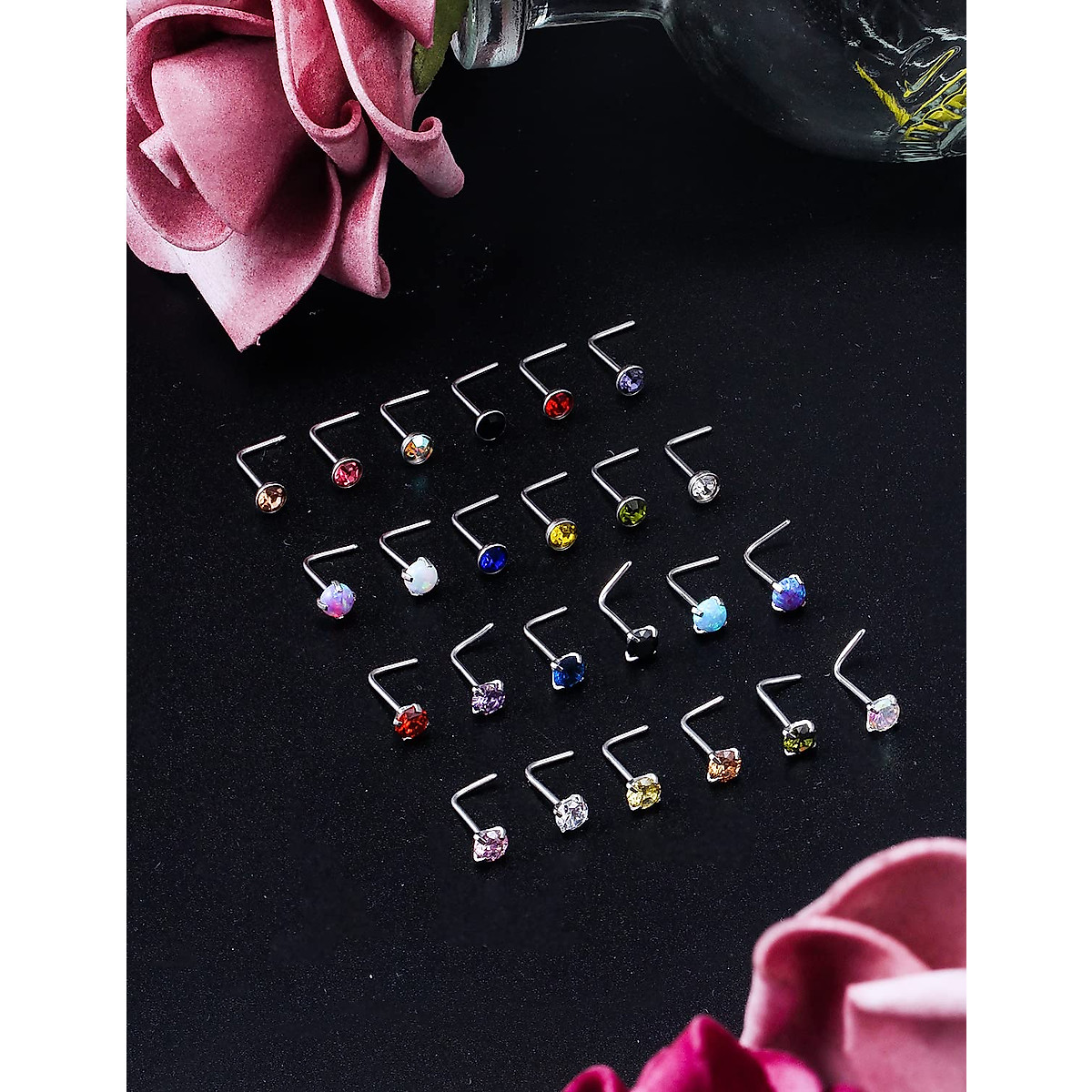 Lsnevsie Nose Rings Studs for Women 22G 316L Surgical Stainless Steel L Shaped Curved l Silver Opal Hypoallergenic Nose Stud Ring Body Piercing Jewelry for Men Diamond CZ 3mm