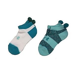 Under Armour Girl`s No Show Socks With Pom 2 Pack (Turquoise(1310247-297)/White, Youth Large)
