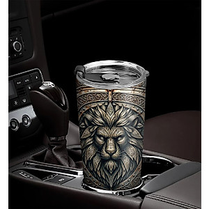 20oz Viking Celtic Warrior Lion Tumbler, Norse Mythology, Viking Gifts for Men, Coffee Thermos for Men, Stainless Steel Double Wall Vacuum Insulated Coffee Mug, Travel Cup with Lid