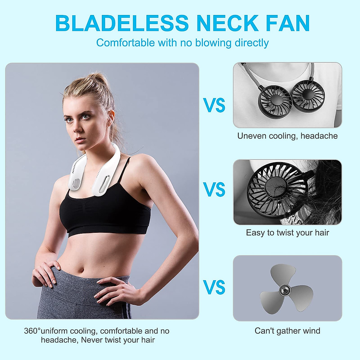 Rexspt Portable Neck Fan, Hands Free Bladeless Fan, USB Rechargeable Personal Fan with 3 Wind Speed Adjustable, Headphone Design 360° Cooling Hanging Fan for Traveling Office