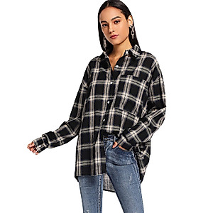 SweatyRocks Women's Long Sleeve Collar Long Button Down Plaid Shirt Blouse Tops Black Large