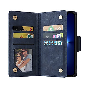 QDSKY iPhone 13 Pro Max Cases, iPhone 13 Pro Max Wallet Case for Women with 9 Card Holders & Kickstand & Strap PU Leather Flip Case for iPhone 13 Pro Max 6.7, Blue