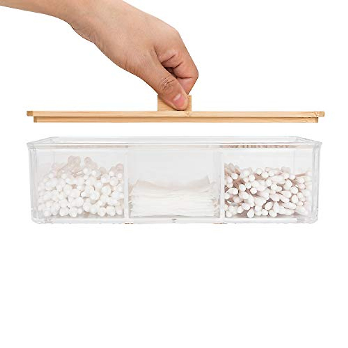 Agirlvct Wood Qtip Holder,Cotton Ball and Swab Holder Organizer with Lid,Jar for Cotton Rounds,Bathroom Containers,Q-tip Dispenser,Clear Acrylic Desk Organizer for Makeup Pads,Cosmetics Bedroom