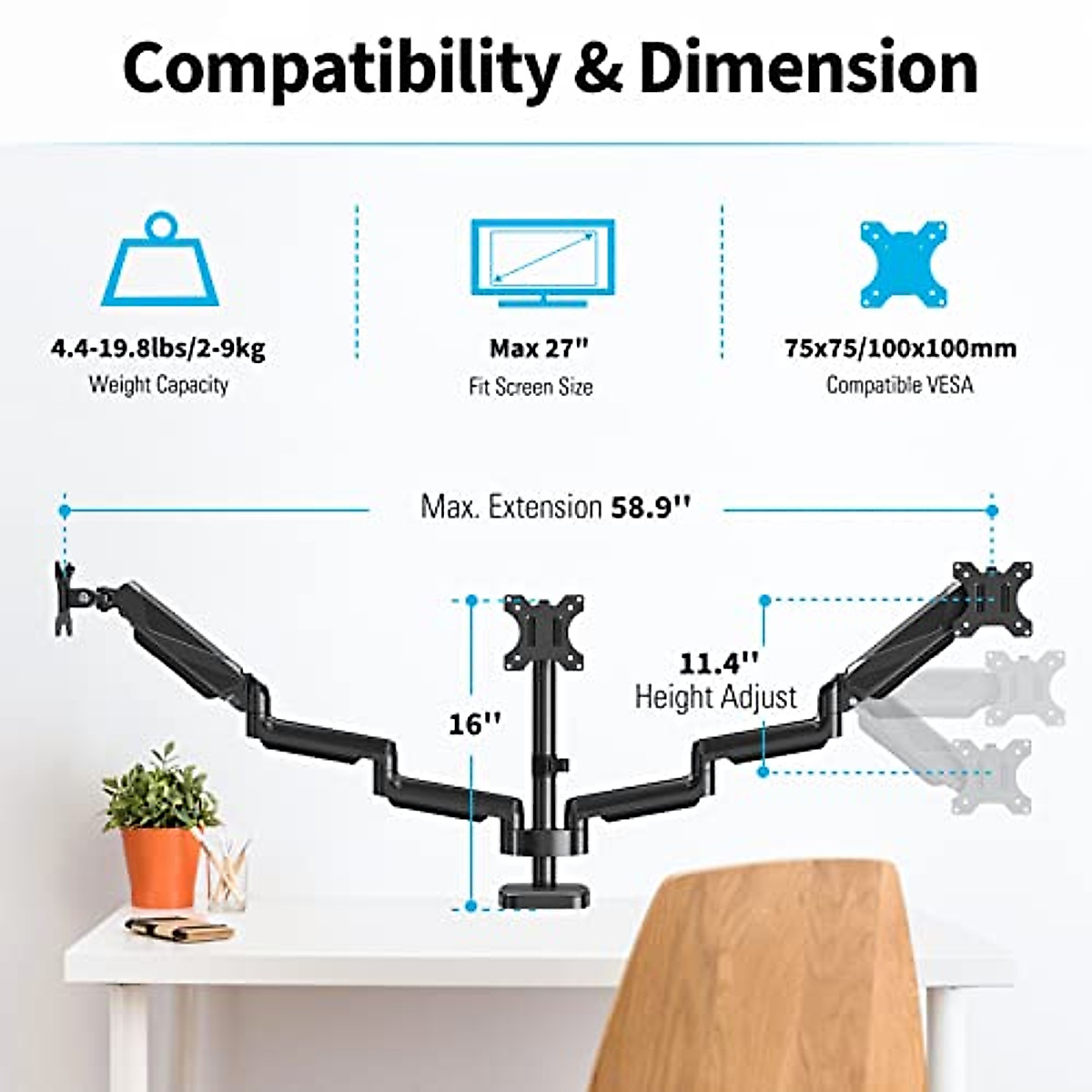 MOUNTUP Triple Monitor Desk Mount, 3 Monitor Stand for Three Max 27 Inch Computer Screen, 4.4-19.8lbs Heavy Duty Gas Spring Triple Monitor Arm Holder, VESA Bracket with Clamp/Grommet Base, Black