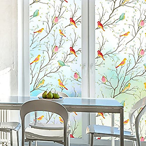 Viseeko Stained Glass Window Film: Bird Window Privacy Film Non-Adhesive Window Clings Room Decor Frosted Window Decals UV Blocker Removable for Bathroom Kids Study Room