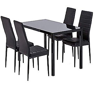 MECOR 5PC Kitchen Dinning Table Set Glass Top Metal Legs W/4 PU Leather Chairs Black