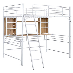 Bellemave Full Size Loft Bed with Desk and Storage Shelves, Heavy Duty Metal Loft Bed with Desk and Ladder, Full Size Loft Bed for Adults, Kids, Teens, White