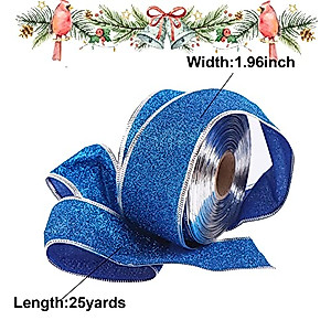 Christmas Wrapping Ribbon Xmas Glitter Wired Ribbon,2"x25 Yards Glitter Wide Ribbon Swirl Metallic Wired Edge Ribbon,Curling Wired Shimmer Glitter Ribbon for Home Decor,Gift Wrapping,DIY Crafts,Bule