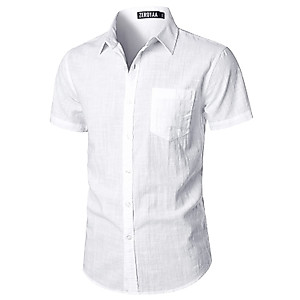 ZEROYAA Men's Fitted Cotton Linen Casual Short Sleeve Button Up Shirts Lightweight Beach Tops with Pocket ZLSC34-White Medium