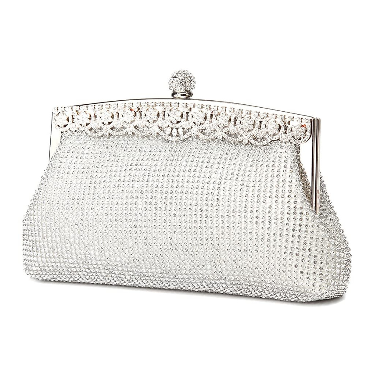 Mogor Women's Rhinestone Retro Crystal Clutch Bling Glitter Wedding Party Bridal Handbag Elegant Formal Evening Bag(Silver)