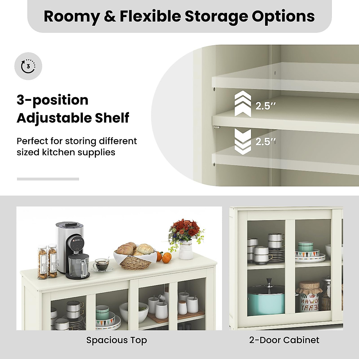 COSTWAY Buffet Sideboard with Storage, 2-Door Floor Cupboard with Sliding Tempered Glass Cabinet & Adjustable Shelf, Stackable Storage Cabinet for Kitchen, Entryway (Cream White)