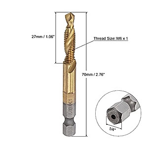 uxcell Combination Drill and Tap Bit, 1/4" Hex Shank M6 x 1 Metric Titanium Coated High Speed Steel 4341 Spiral Flute Drilling Tapping Tool Extra Long