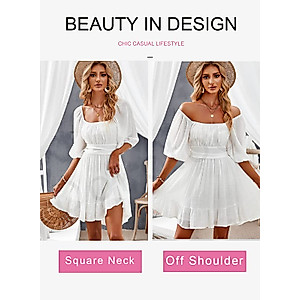 Dokotoo Square Neck Summer Dresses for Women 2023 Puff Sleeve Tie Backless Sexy Dresses Elastic Waist Ruffle A-Line Casual White Dress for Wedding Guest Small