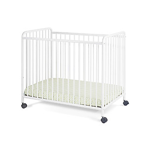 Child Craft Siesta Metal Compact Non-Folding Portable Crib with 2” Crib Mattress and Locking Wheels, Durable Metal Construction, Easy to Clean (White)
