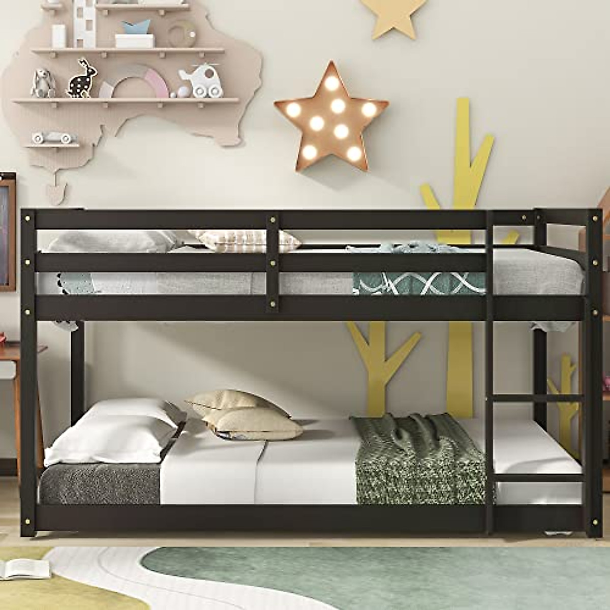 HomSof Twin Floor Bunk Bed, Twin Over Twin, Espresso