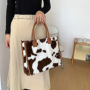 Fashion Women PU Leather Plush Animal Pattern Print Handbag Autumn Winter Casual Large Capacity Tote Bags