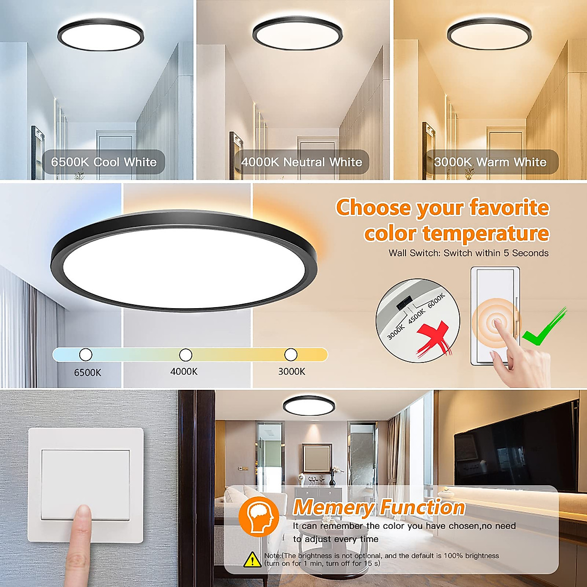 12Inch Led Flush Mount Ceiling Light,28W 3200LM Dimmable Light Fixture,Wall Switch Control 3000K/4000K/6500K Super Bright Ultra Thin Ceiling Light for Kitchen Living Room