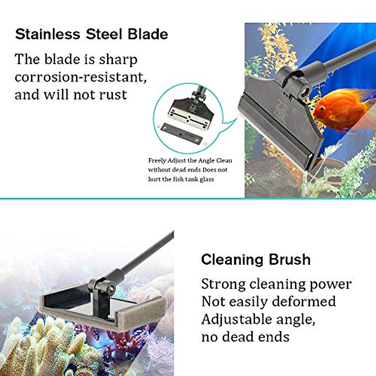 ZRDR Stainless Steel Algae Scraper Aquarium Cleaning Tool for Glass Aquariums, Including Algae Scraper, Sponge Pad, Fish Net, Cleaning Brush, Adjustable Length, Durable, Does Not Hurt The Fish Tank