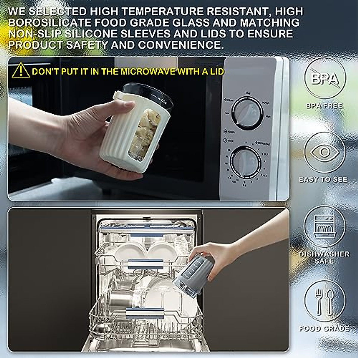 PUNLUXU Overnight Oat Jars With Scoop And Lid 16 OZ [2 Pack], Airtight Oatmeal Container With Measurement Mark, Mason Jar With Sealed Lid And Straw, Cereal Container For On-The-Go (Gray And Off-White)