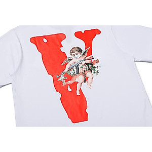 DASWASDUA Men's V-Lone Friends Cupid Gun T-Shirt Hip Hop Big V Letter Print Cotton Fashion Loose Couple Crew Top Whte M