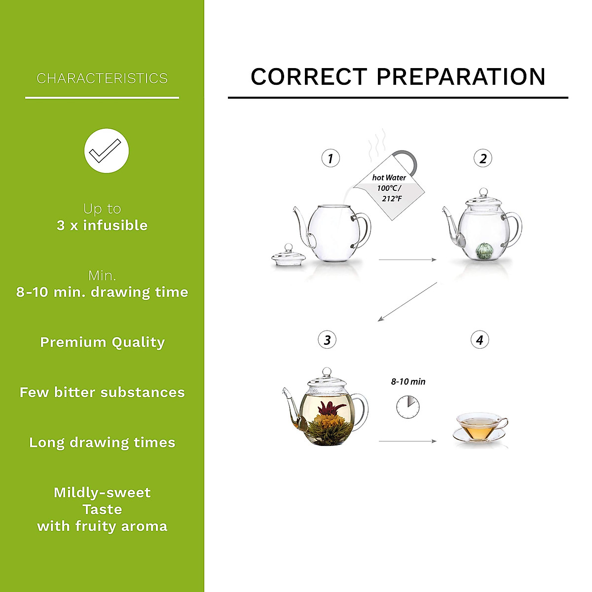 Creano Blooming Tea Gift Set with Glass Teapot 17oz (500ml) - Green Tea Fruity Flavoured Tea Flowers in 6 Varieties - Flowering Tea Gift for Easter