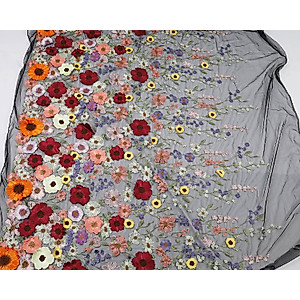 Multicolor 3D Flowers Heavy Embroidery Lace Floral Fabric for Sewing Dresses (Black Background, 1 Yard)