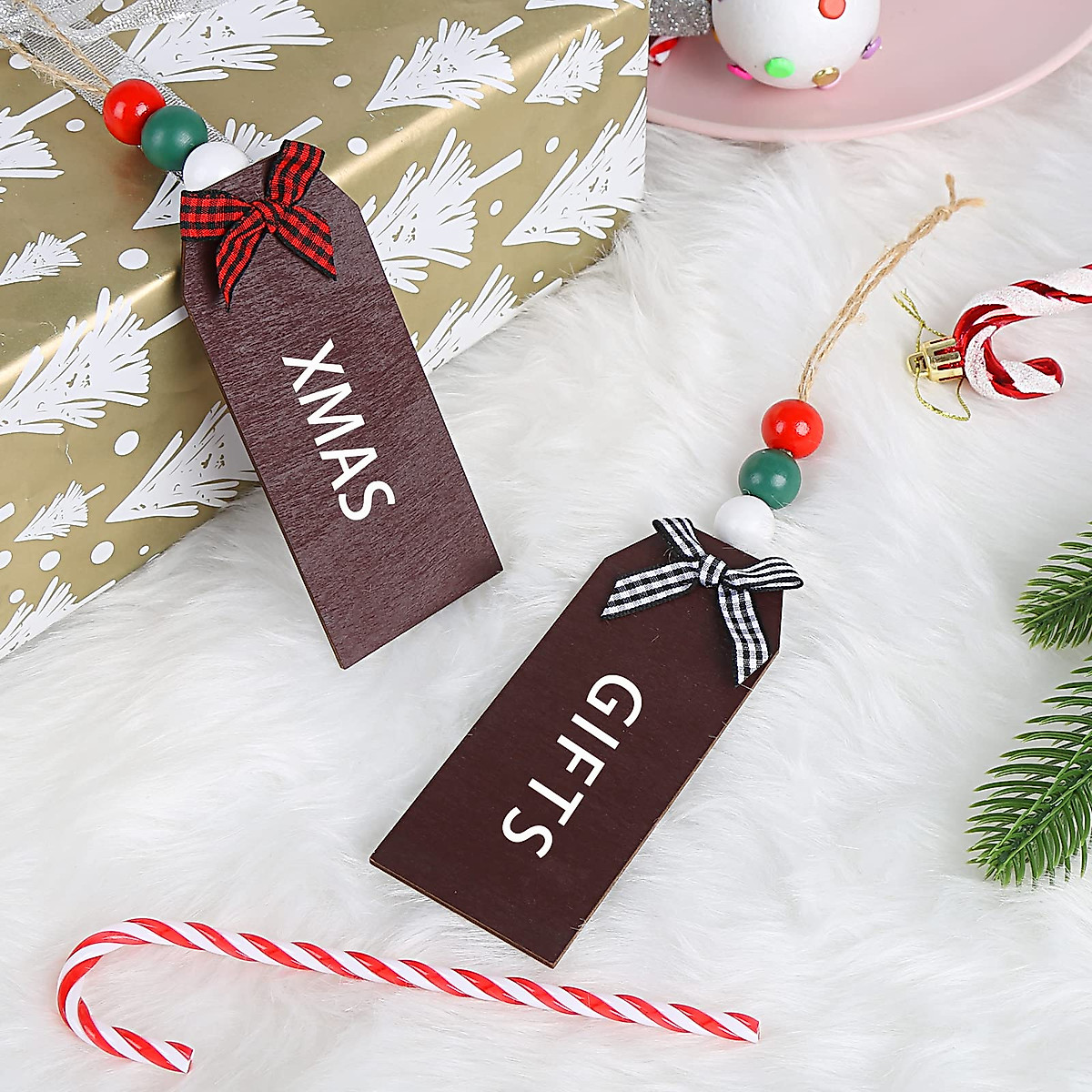 DIYASY Christmas Stocking Name Tags, 12 Pack Personalized Wooden Haning Tags Farmhouse Stocking Sign Unfinished Blank Chalkboard Tags with Wood Beads, Bows, Hemp Rope & Needle