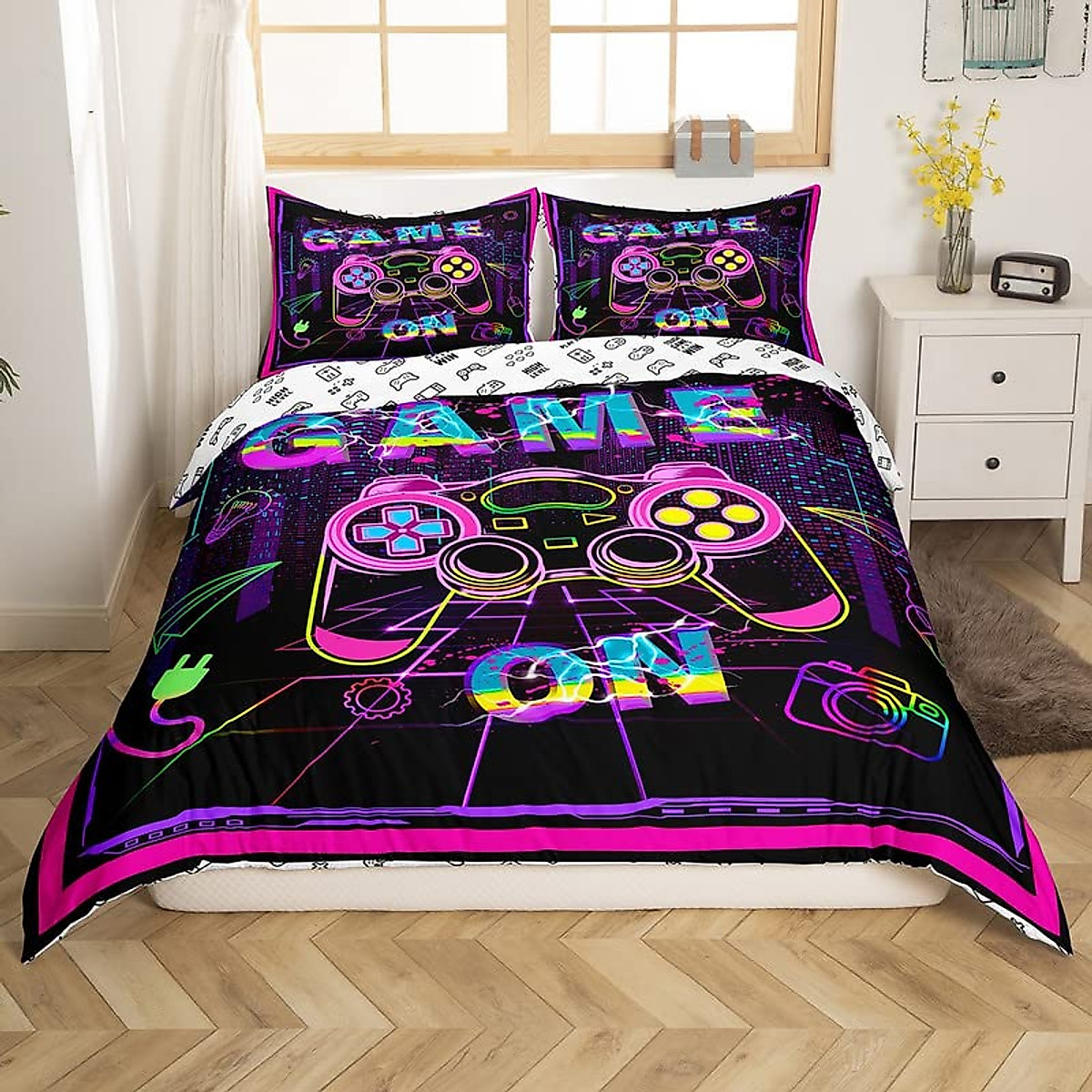 Gaming Bedding Set Gamer Neon Purple Pink Comforter Cover for Kids Boys Girls Hippie Graffiti Game Room Decor Duvet Cover Breathable Modern Gamepad Bedspread Cover Room Decor Bedclothes Full Size