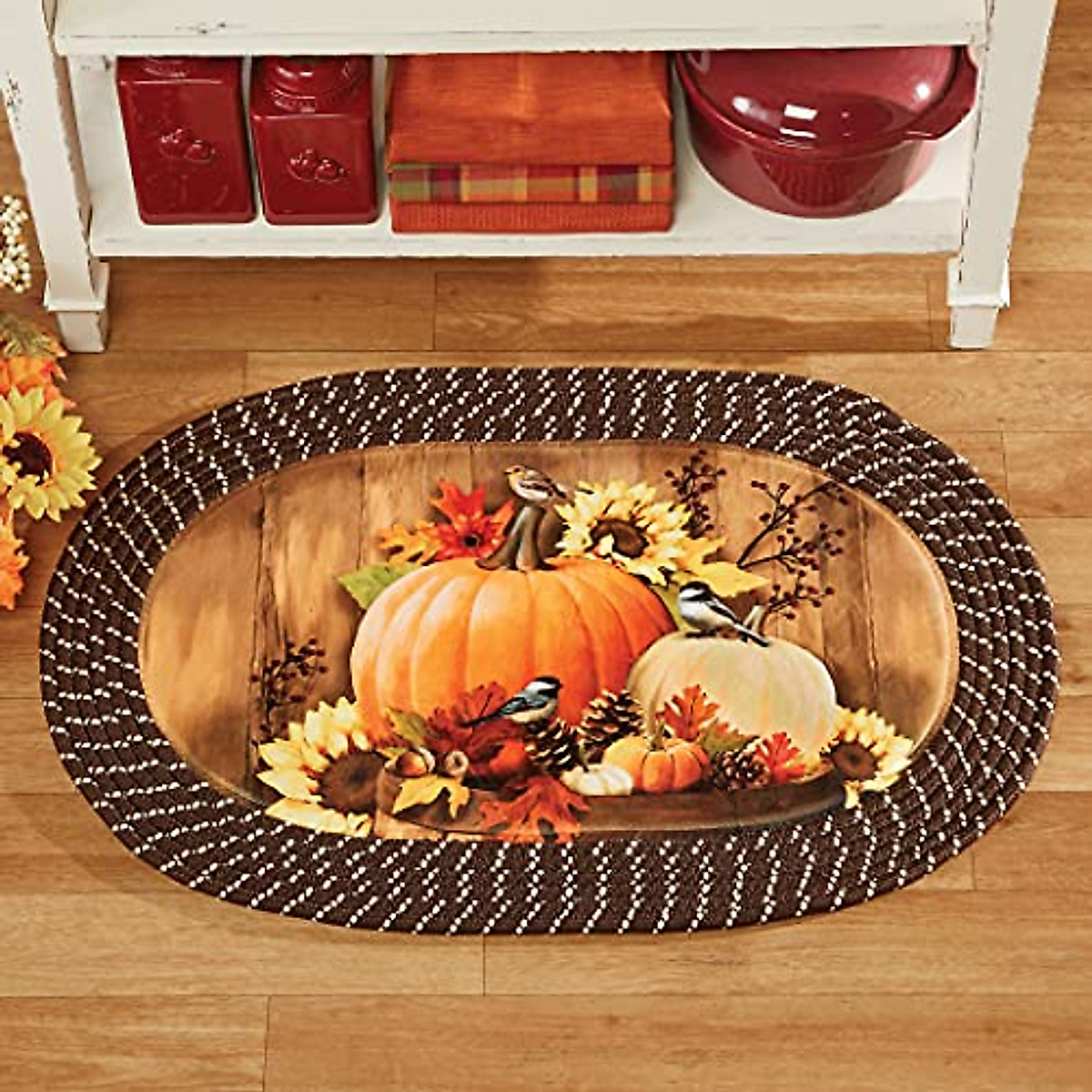 Collections Etc Harvest Pumpkin and Chickadees Braided Accent Rug | Non Slip Floor Mats | Decorative Small Carpet for Bedroom, Kitchen, Living Room