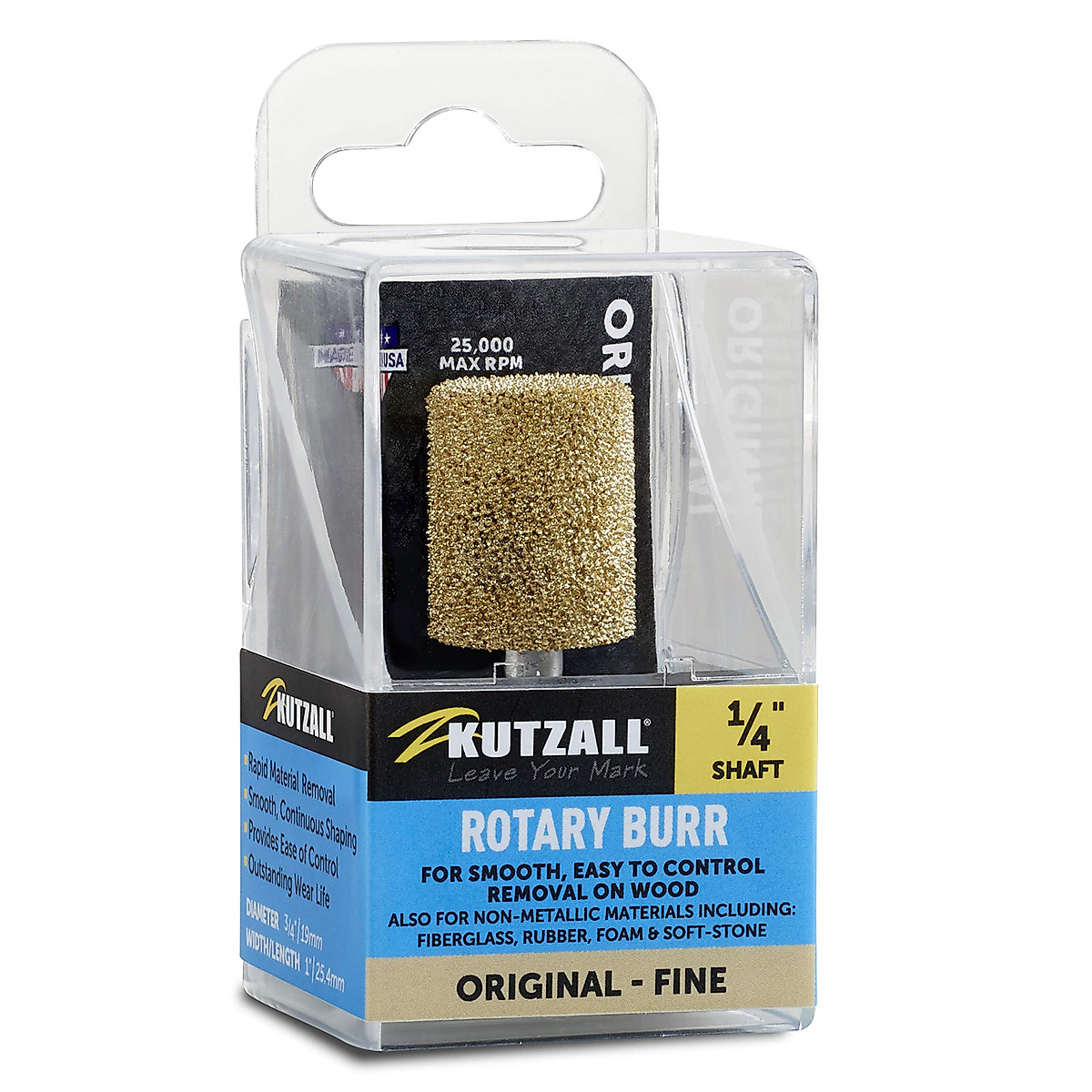 Kutzall Original Cylinder Rotary Burr, 1⁄4" Shaft, Fine - Woodworking Attachment for Bosch, DeWalt, Milwaukee, Makita. Abrasive Tungsten Carbide, 3⁄4" (19mm) Head Dia. X 1" (25.4mm) Length, C-34G