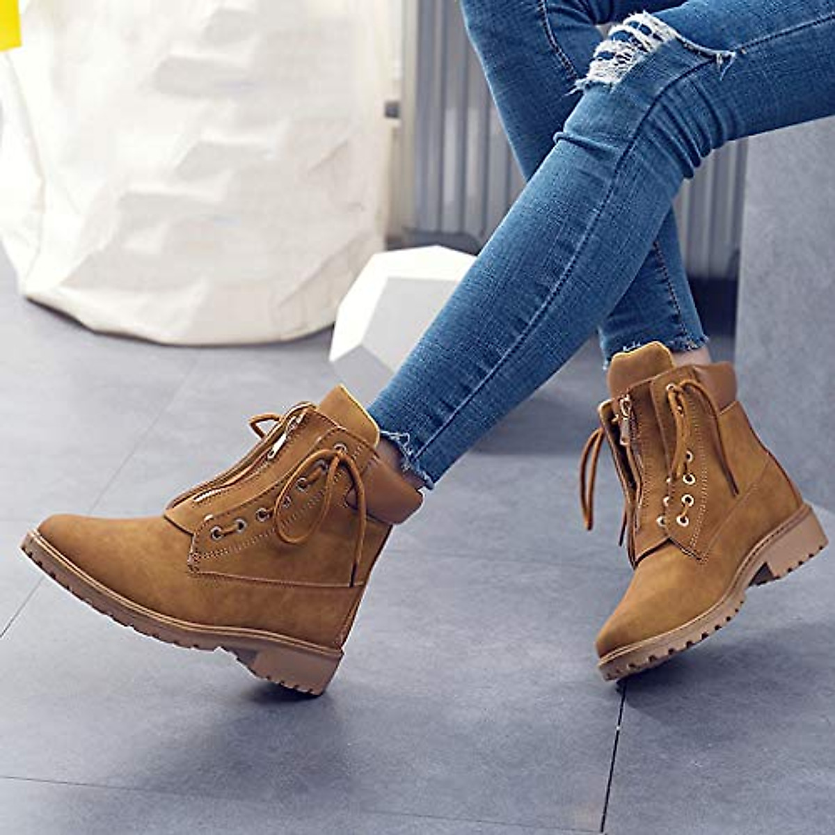 Padaleks Women's Round Toe Waterproof Ankle Bootie Lace Up Low Heel Work Motorcycle Combat Boots High Tops Booties