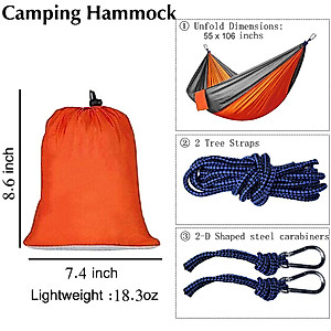 Camping Hammock, Double & Single Portable Hammocks with 2 Tree Straps and Carabiners | Easy Assembly | Lightweight Parachute Nylon Hammocks for Backpacking, Travel, Beach, Hiking (Gray/Orange)