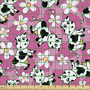 Lunarable Cow Fabric by The Yard, Cartoon Pattern Domestic Farm Animal and Daisy Flowers, Decorative Fabric for Upholstery and Home Accents, 2 Yards, Pink Charcoal Grey