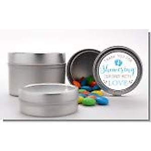 Baby Shower Stickers | Blue | Thank You for Showering Our Baby with Love | 48 Stickers - 1.67 Inches Round | Baby Shower Stickers for Boys | Pitter Patter - Tiny Baby Feet Baby Shower Labels