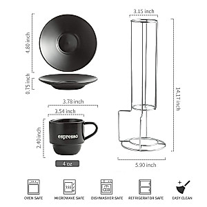 Espresso Cups with Saucers Set, Porcelain Coffee Cups Set with Metal Stand 4 OZ Stackable Demitasse Cups for Latte, Cafe, Mocha and Cappuccino, Tea Cup Set of 6, Thanksgiving Gifts, Black