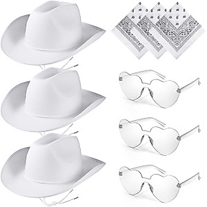 Geyoga 9 Pcs Cowboy Hat with Paisley Print Bandanas Unisex Heart Shape Sunglasses for Cowboy Party Costume(White)