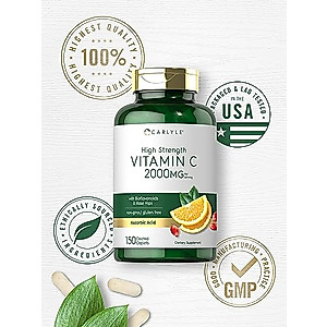 Vitamin C 2000mg | with Rose Hips | 150 Caplets | Vegetarian, Non-GMO, Gluten Free Supplement | by Carlyle