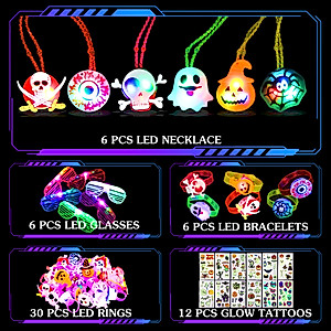 Advoxa Halloween Light Up Toys Party Favors - 60PCS LED Trick or Treat Party Suppliers for Kids Gift Exchange Classroom Halloween Goodie Bag Fillers Glasses Bracelets Necklace Rings and Tattoos