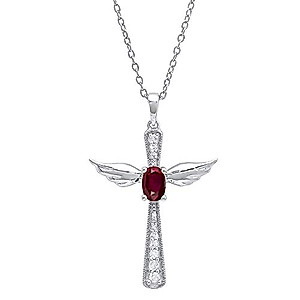 Dazzlingrock Collection 6X4 MM Oval Ruby & Round Diamond Angel Cross Pendant, Sterling Silver