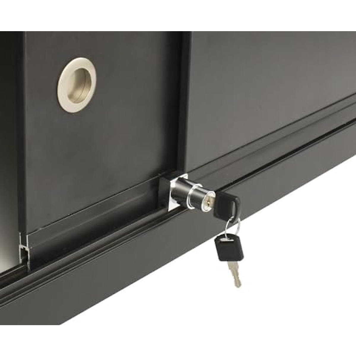 Displays2go 60 Inch Glass Showcase, Hidden Storage, LED Lights, Lockable Sliding Door - Black (IAPHV60LED)