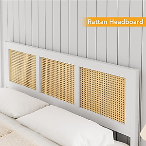 GarveeHome Queen Size Rattan Bed Frame with Headboard, White Boho Cane Platform Bed Frame with Strong Metal Slat, Noise Free, No Box Spring Needed