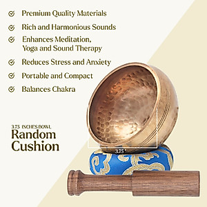 Tibetan Singing Bowl Set - 3.75” inches Sound Bowl Meditation Set - Meditation Bowl with Random Cushion and Mallet - Cuencos Tibetanos for Sound Bath and Healing