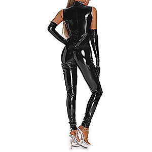 YiZYiF Latex Catsuit, Faux Leather Jumpsuits for Women Wetlook PVC Bodysuit Sexy Bodycon Clubwear Black Medium