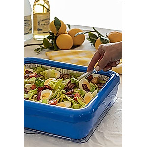 Fancy Panz Premium Dress Up & Protect Your Foil Pan, Made in USA. Hot/Cold Gel Pack, One Half Sized Foil Pan & Serving Spoon Included. Stackable for easy travel. (Denim Blue)