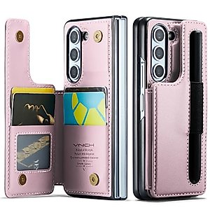 Vinich for Samsung Galaxy Z Fold 5 Wallet Case with S Pen Holder, [Front Cover] [RFID Blocking] [Card Holder] [Kickstand] Shockproof Phone Case for Galaxy Z Fold 5, Rose Gold