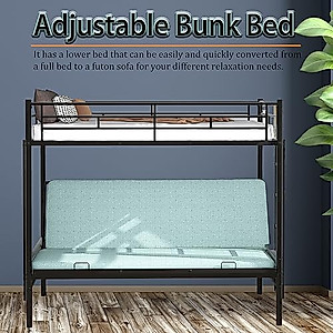 Twin-Over-Futon Convertible Couch and Bed, Metal Futon Bunk Bed with Guardrails and Ladder, Sturdy Steel Foldable Sofa-Bed for Kids Adults Teens (Twin Over Full Metal Bunk Bed, Twin)